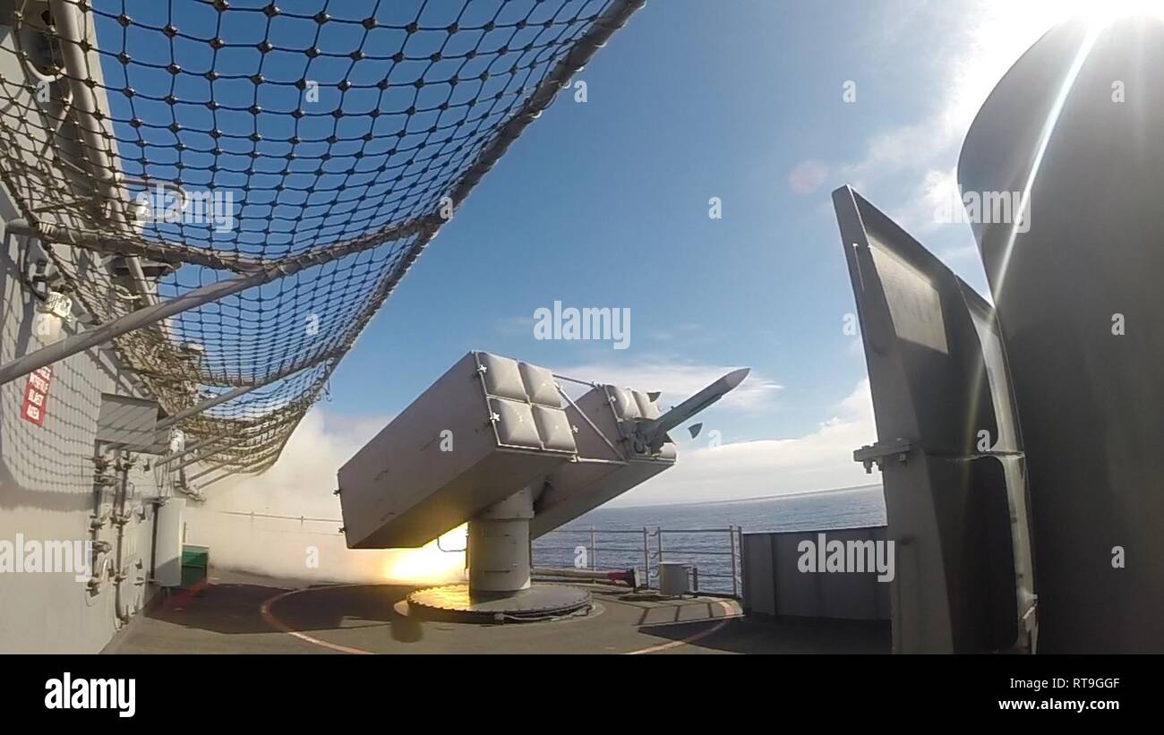 PACIFIC OCEAN (Jan. 29, 2019) A RIM-7P missile is fired from a NATO Sea ...