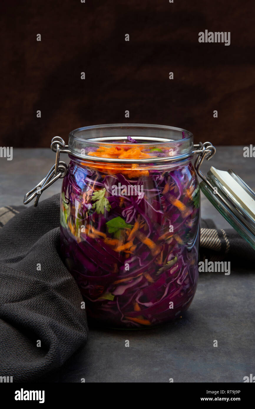 Homemade red cabbage, fermented, with chili, carrot and coriander, in a ...