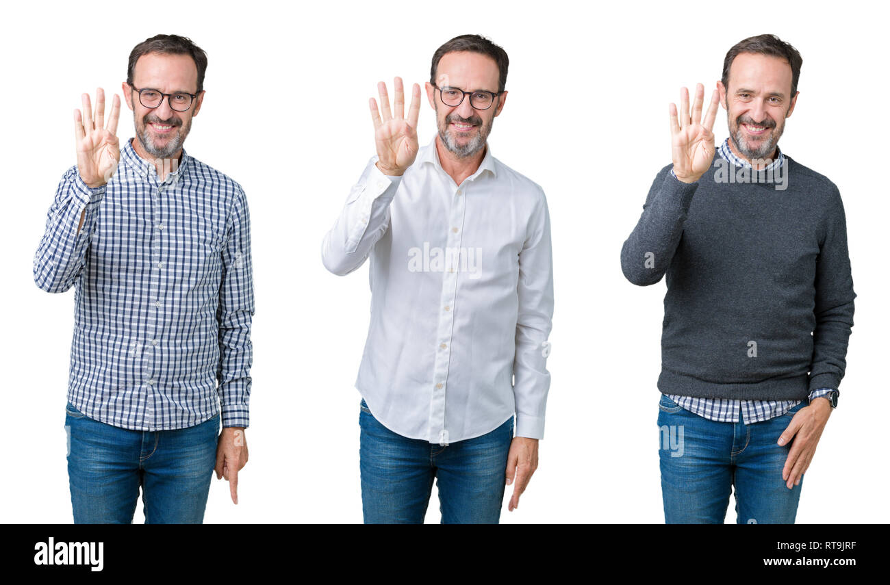 Collage of handsome senior business man over white isolated background ...