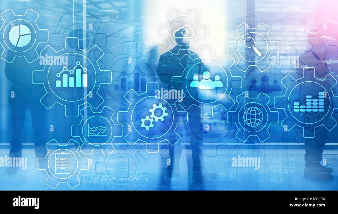 Business process abstract diagram with gears and icons. Workflow and ...