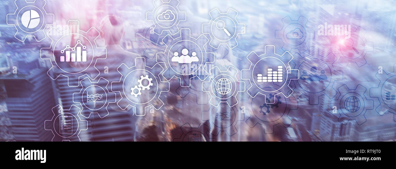 Business process abstract diagram with gears and icons. Workflow and ...