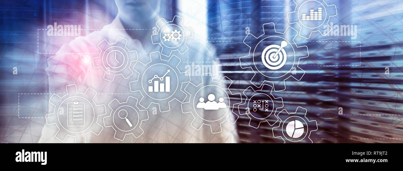 Business process automation concept. Gears and icons on abstract ...