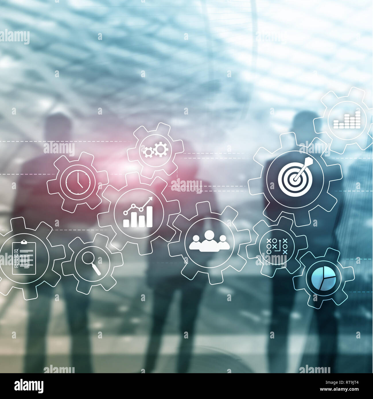 Business process automation concept. Gears and icons on abstract ...
