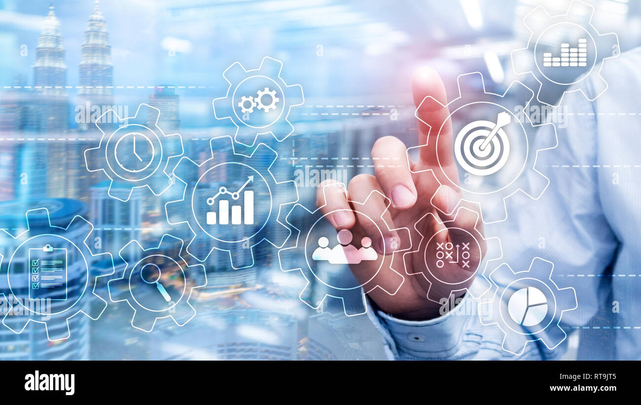 Business process automation concept. Gears and icons on abstract ...