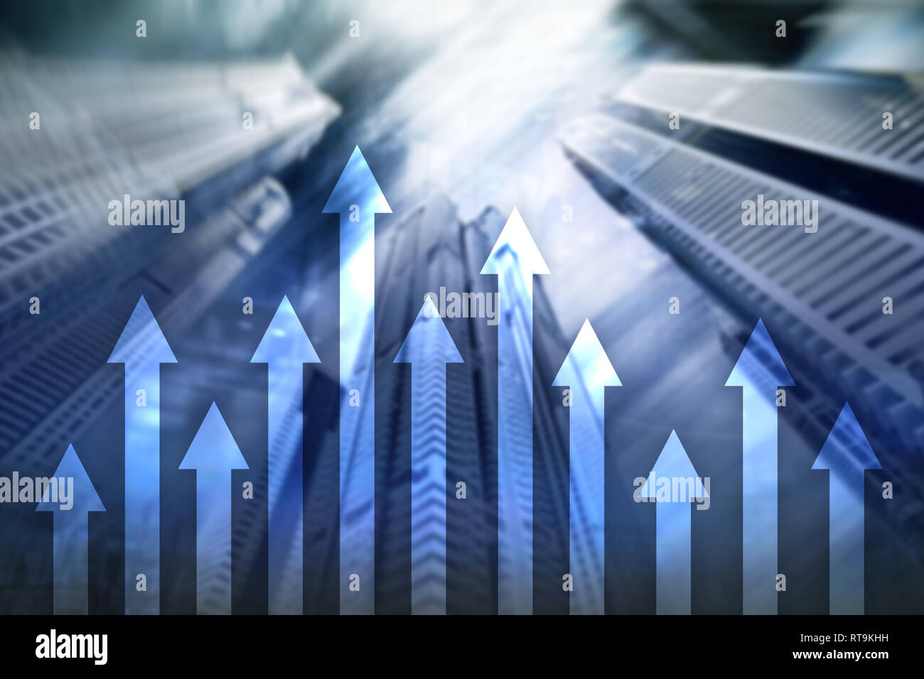 Up arrow graph on skyscraper background. Invesment and financial growth ...