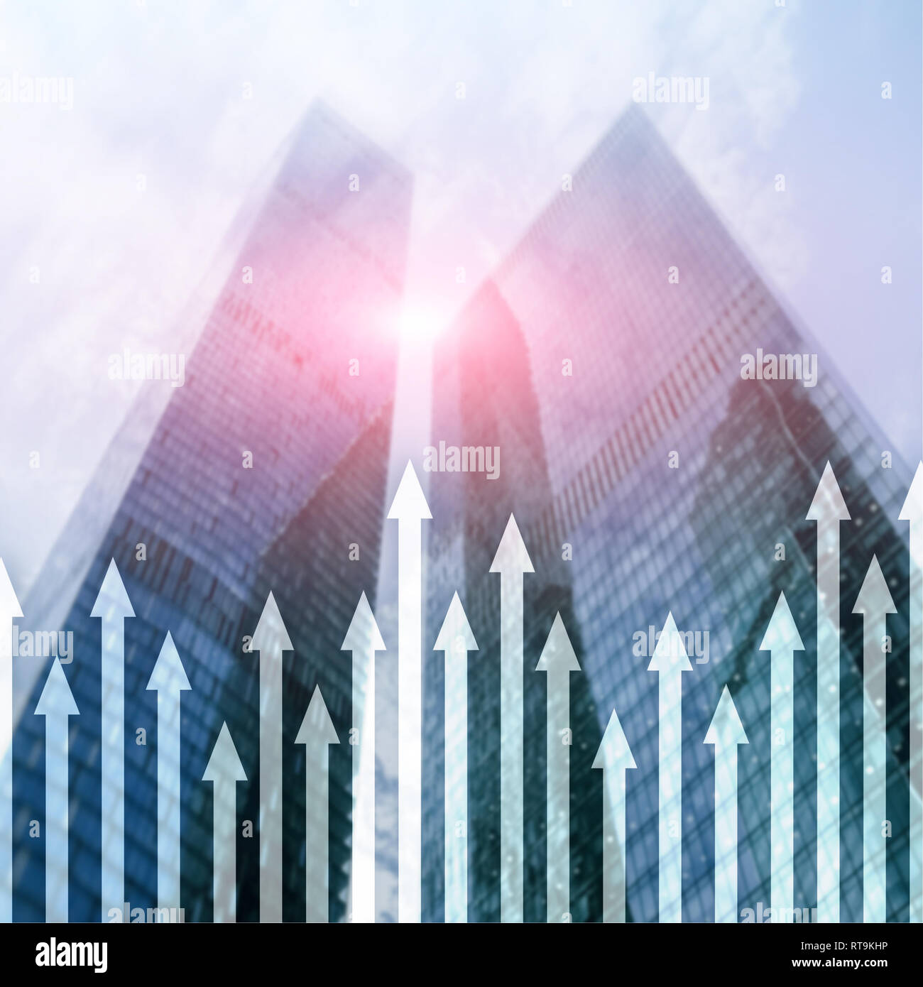 Up arrow graph on skyscraper background. Invesment and financial growth ...