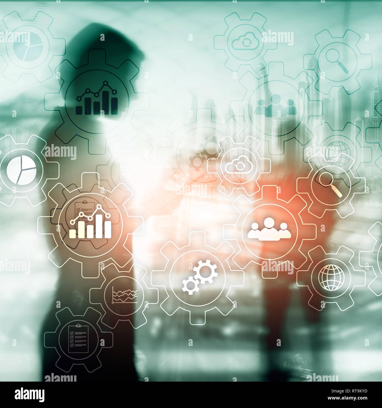Business process abstract diagram with gears and icons. Workflow and ...