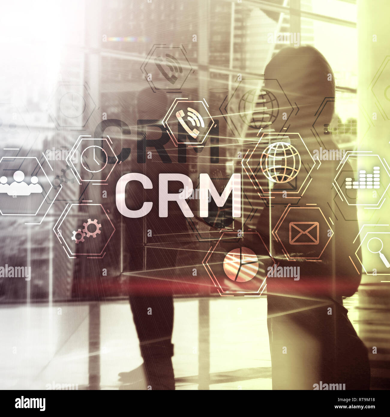 CRM, Customer relationship management system concept on abstract ...