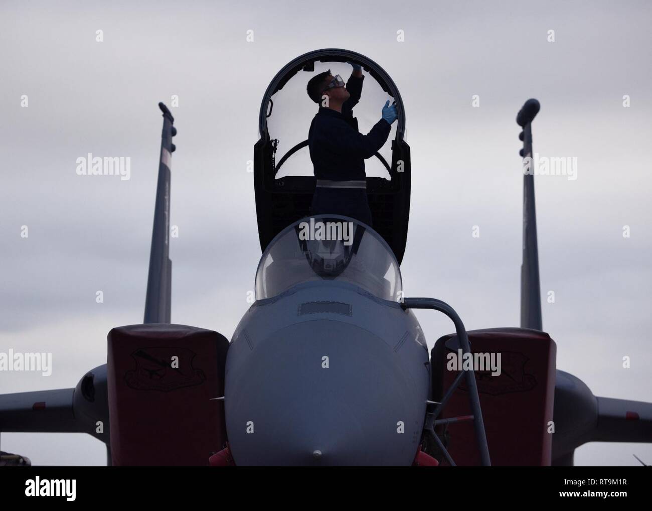 A maintainer cleans an F-15 Eagle's canopy on Jan. 31, 2019, at Patrick ...