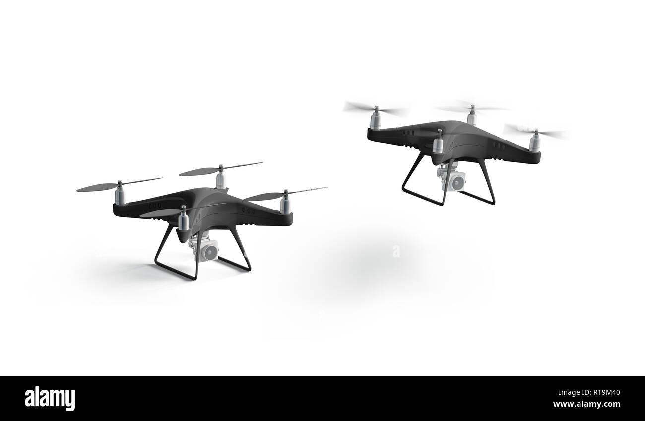 Blank black stand and flying quadrocopter mockup, isolated, 3d ...