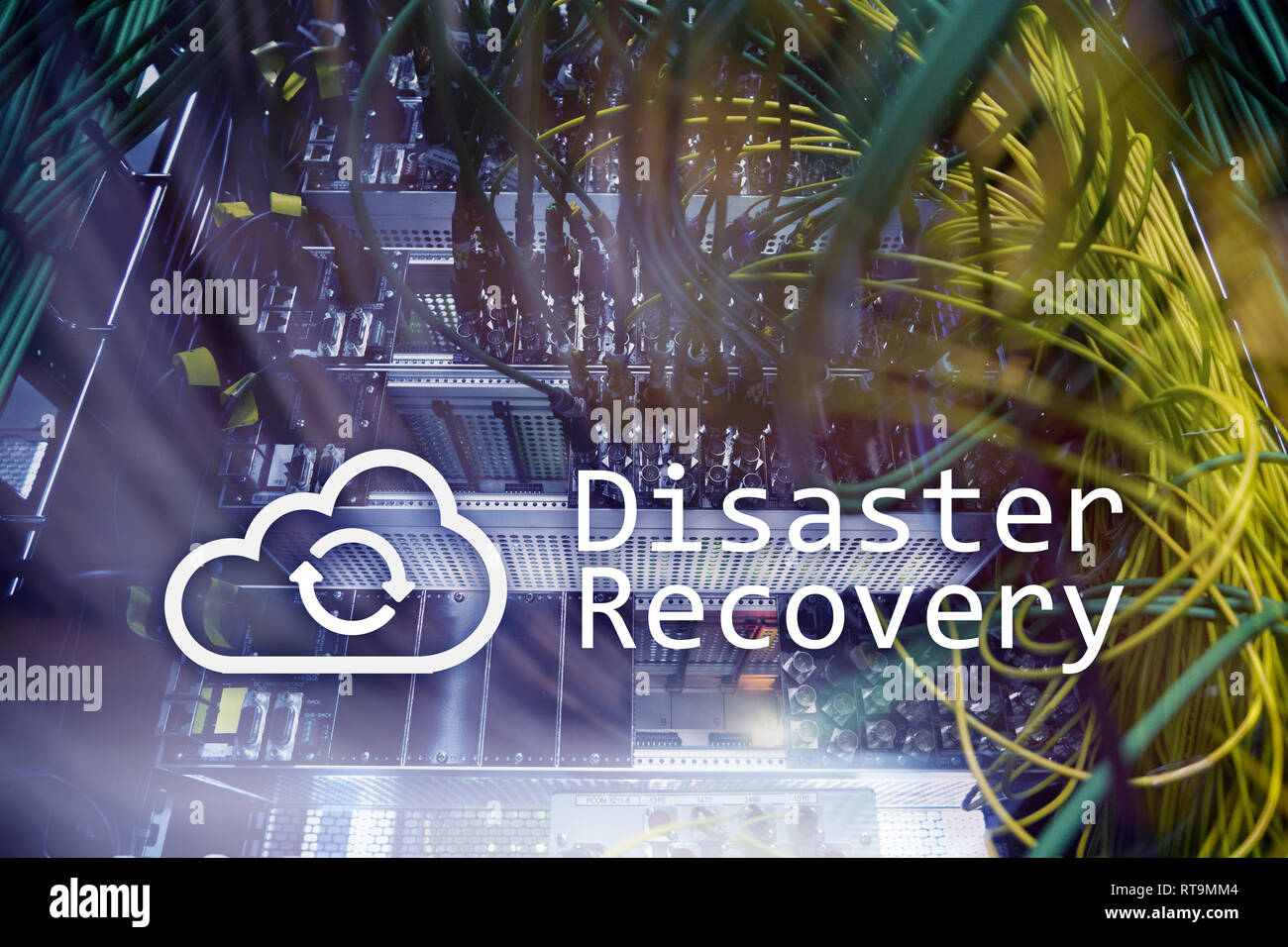 DIsaster recovery. Data loss prevention. Server room on background ...