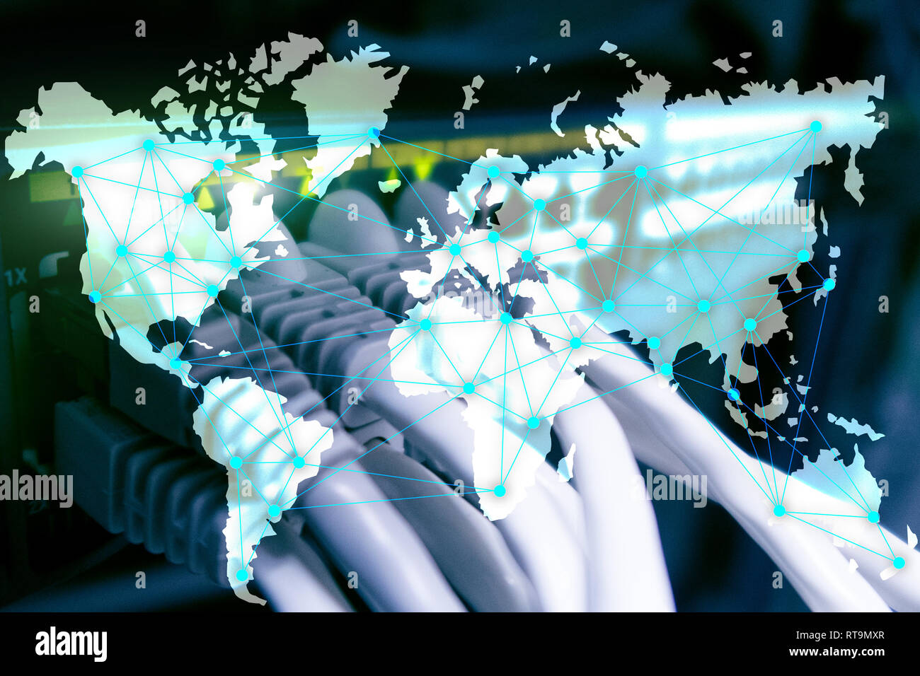 Internet and telecommunication concept with world map on server room ...