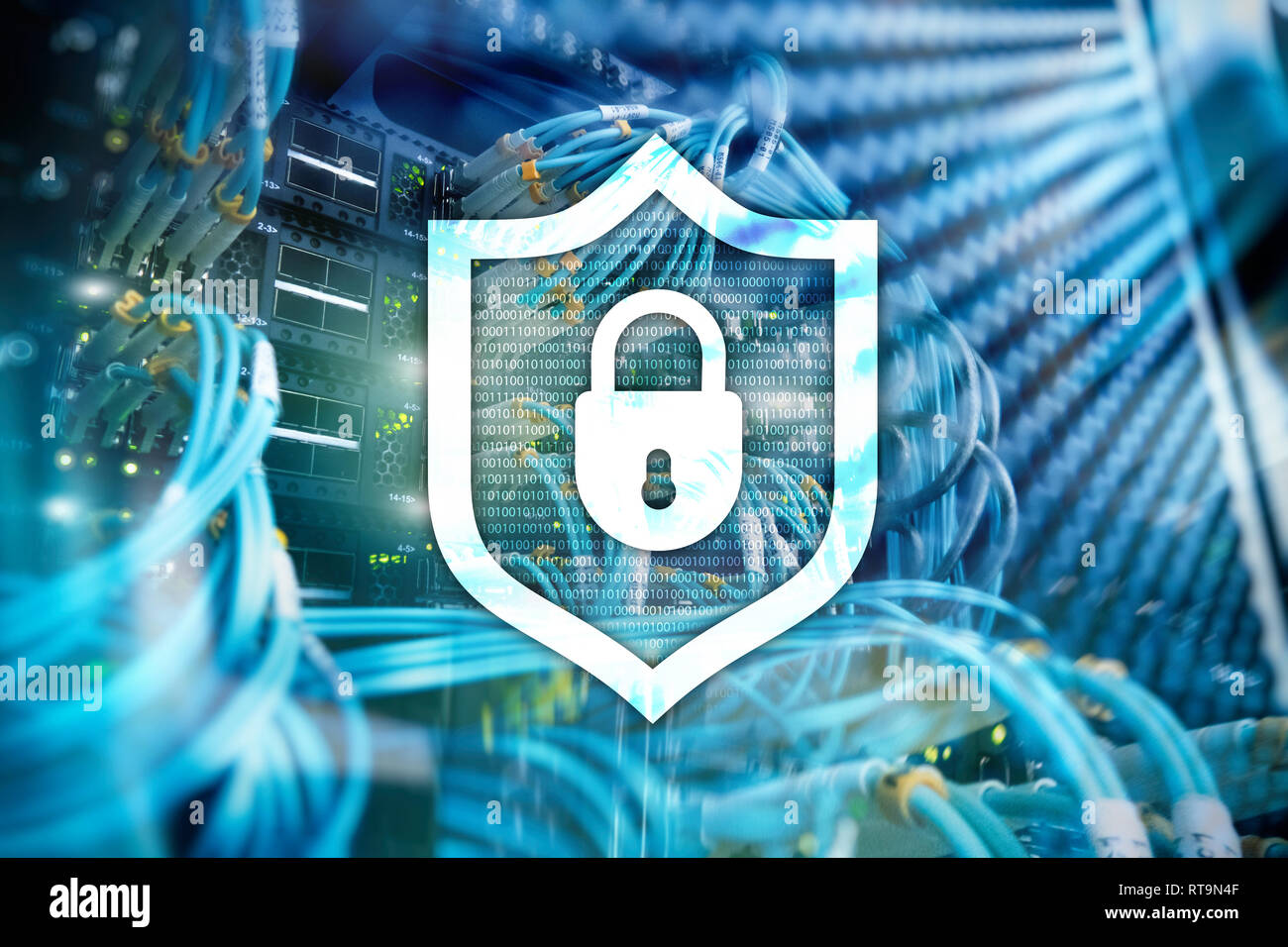 Cyber protection shield icon on server room background. Information ...