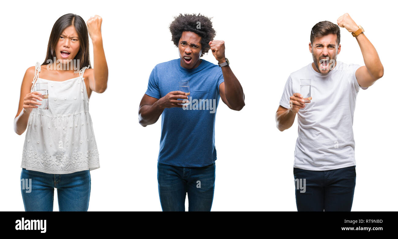 Collage of people drinking glass of water over isolated background ...
