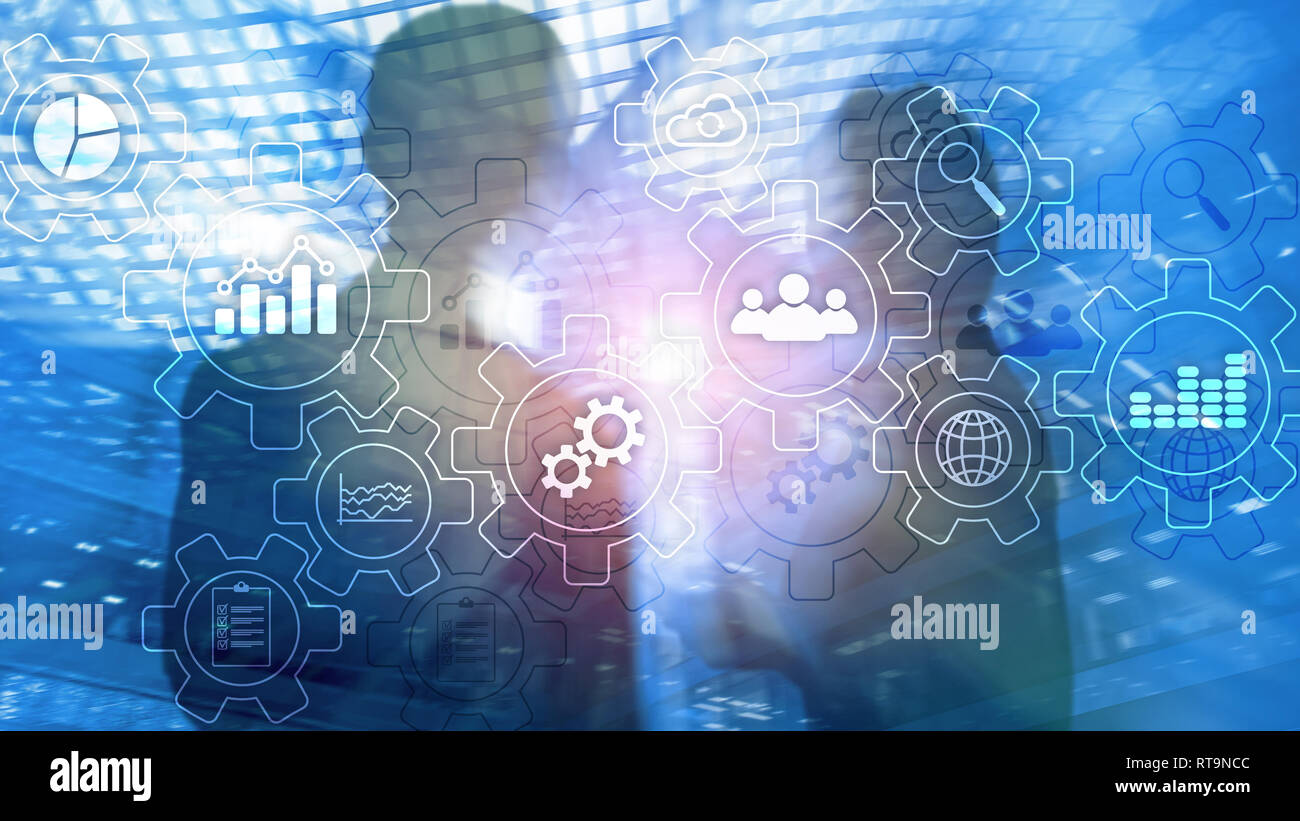 Business process abstract diagram with gears and icons. Workflow and automation technology ...