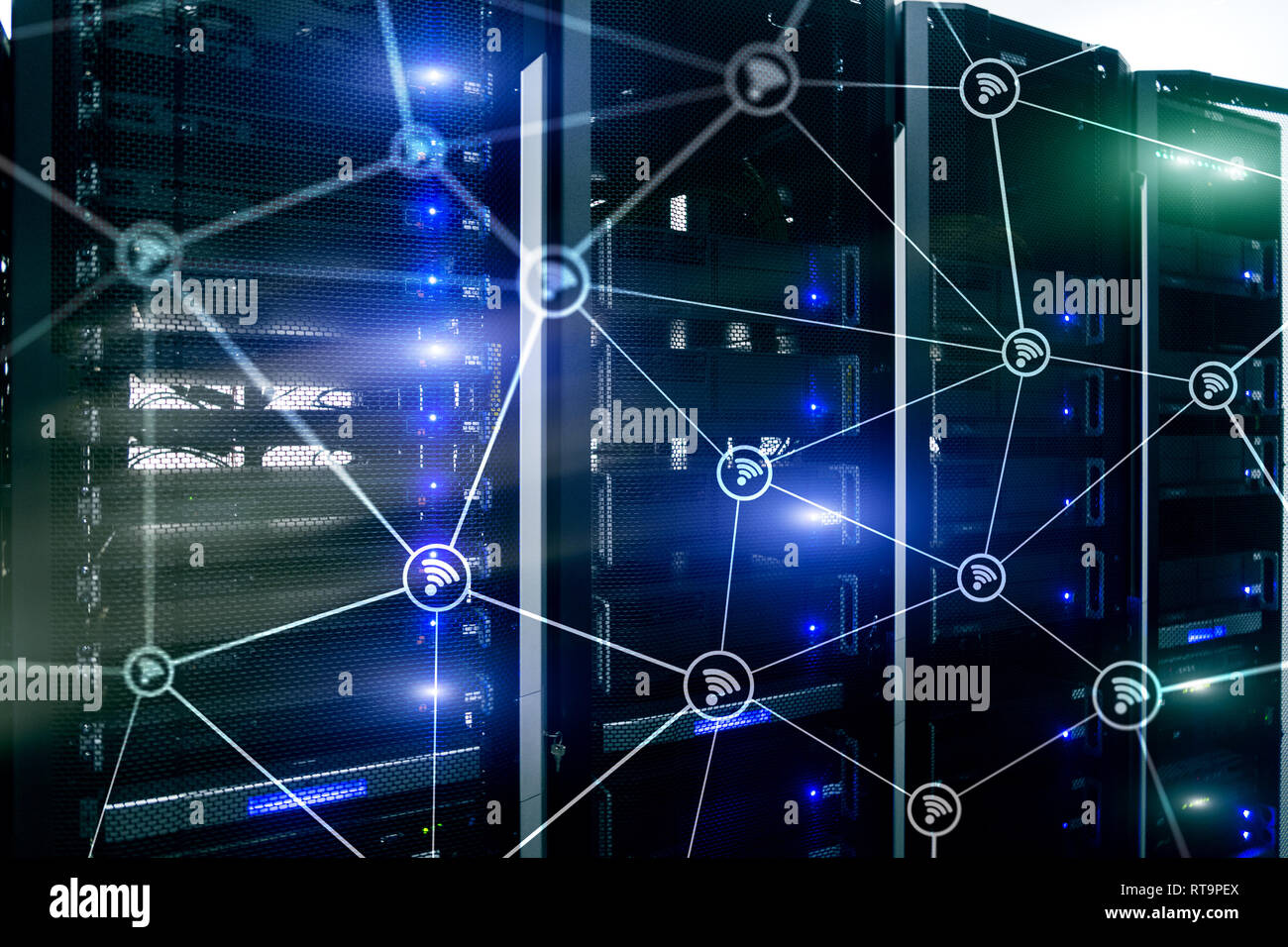 Wi fi network abstract structure on modern server room background Stock ...