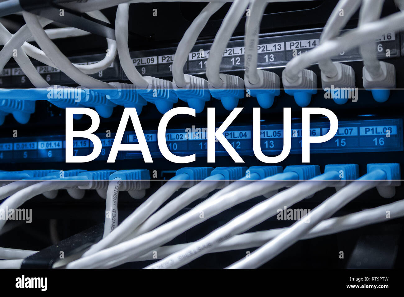 Backup button on modern server room background. Data loss prevention ...