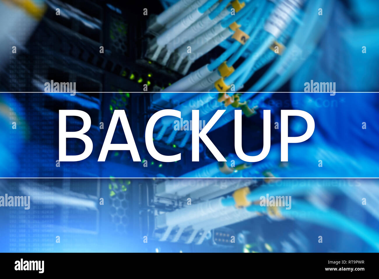 Backup button on modern server room background. Data loss prevention ...