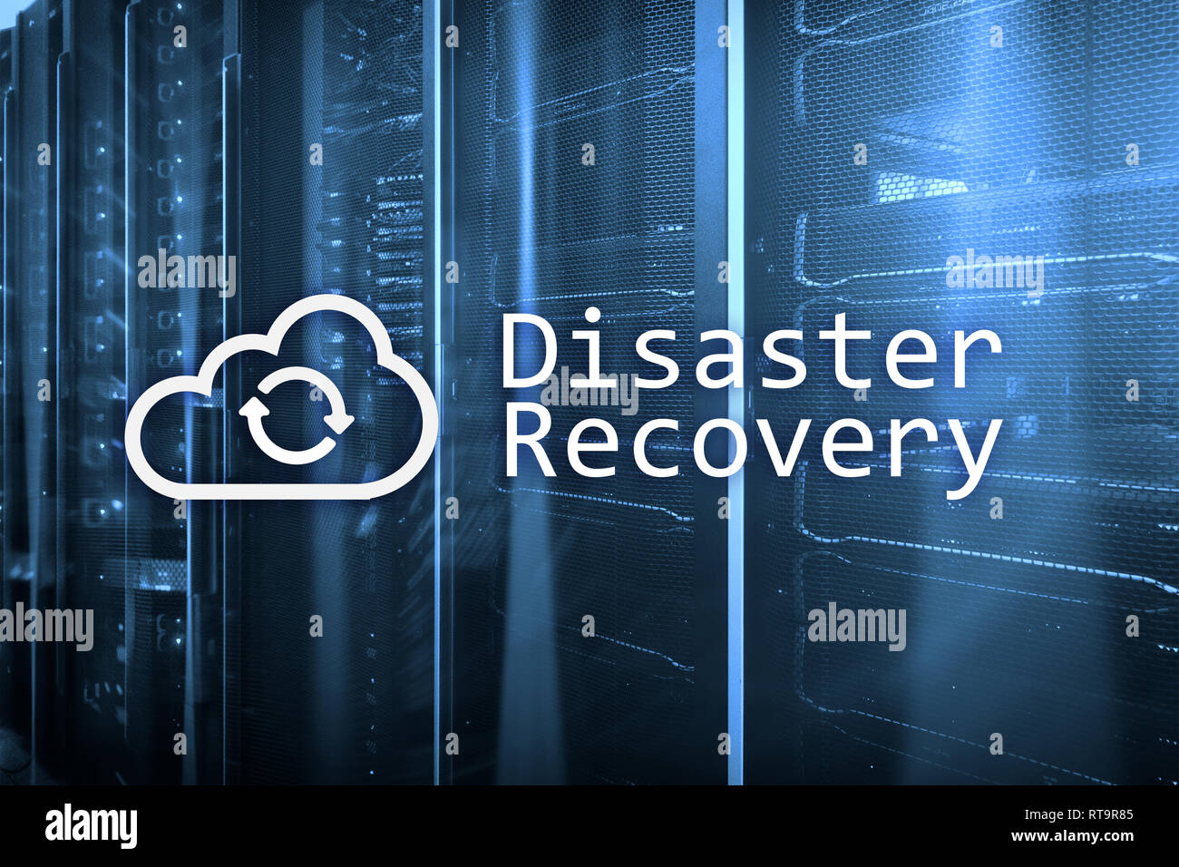 DIsaster recovery. Data loss prevention. Server room on background ...