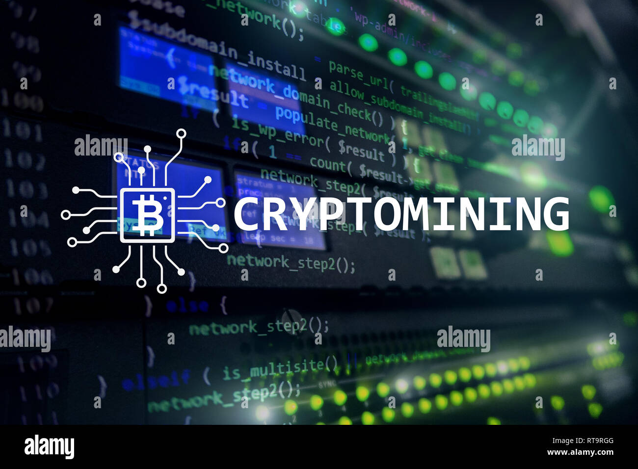 Cryptocurrency mining concept on server room background Stock Photo - Alamy