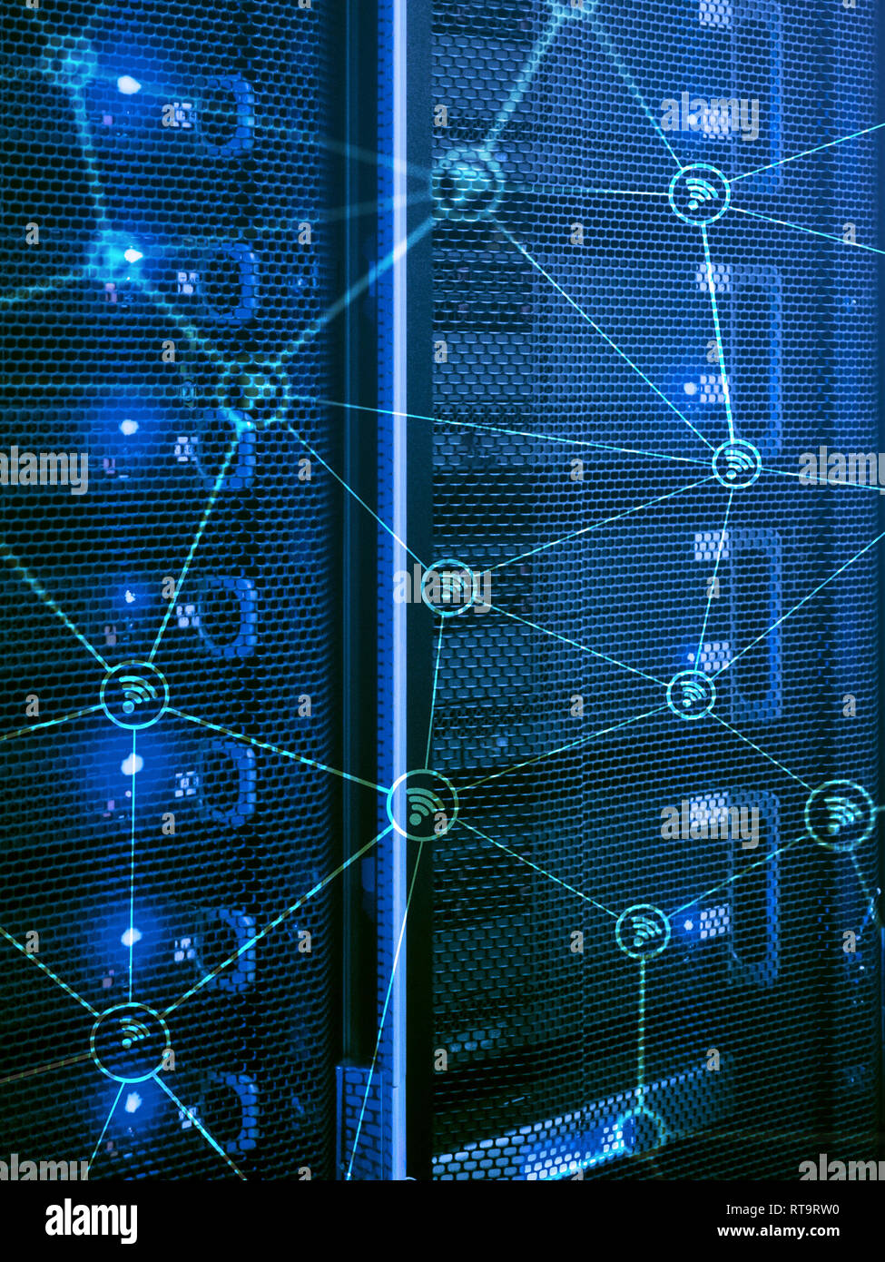 Wi fi network abstract structure on modern server room background Stock ...