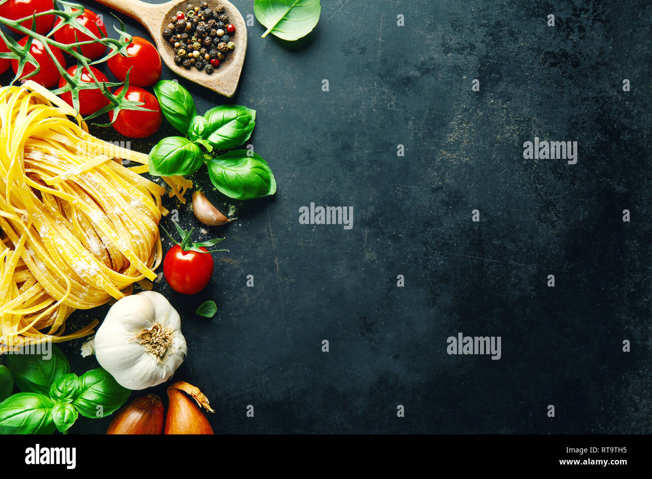 Italian food background. Healthy food background with pasta, tomatoes ...