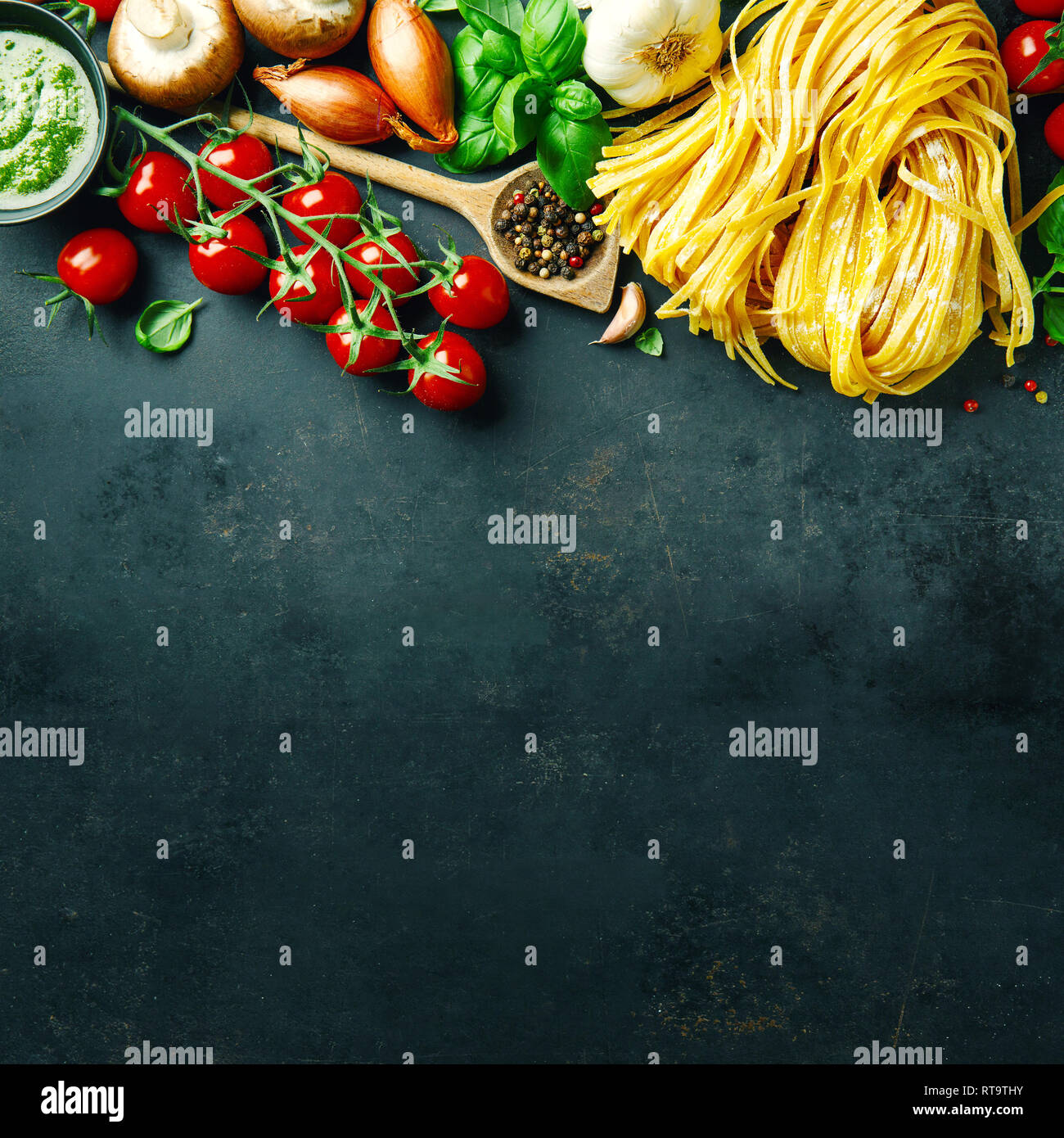 Italian food background. Healthy food background with pasta, tomatoes ...