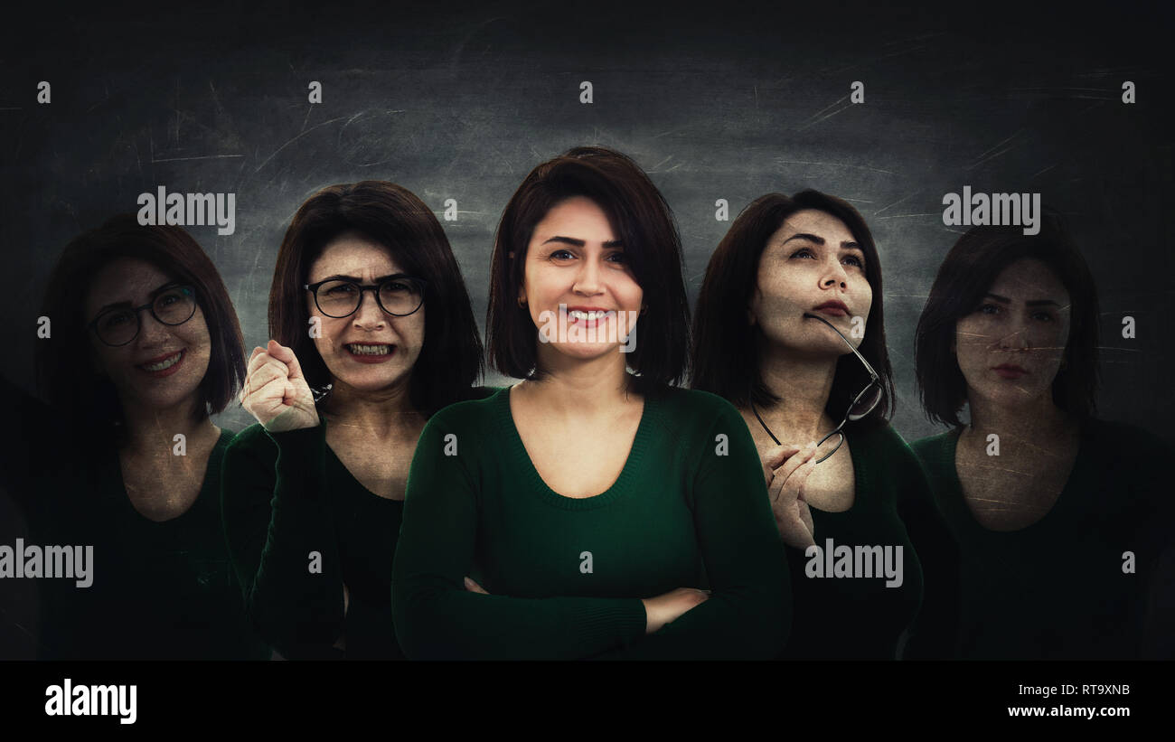 Young woman suffer split emotions into five different inner ...