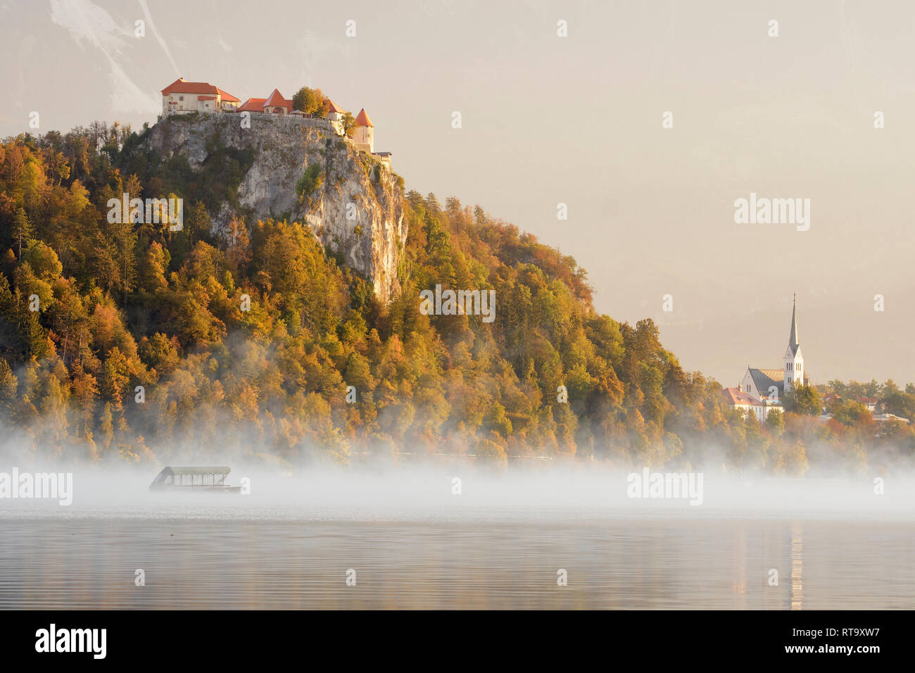 Bled Castle over a misty Lake Bled in autumn, Gorenjska, Slovenia. With ...