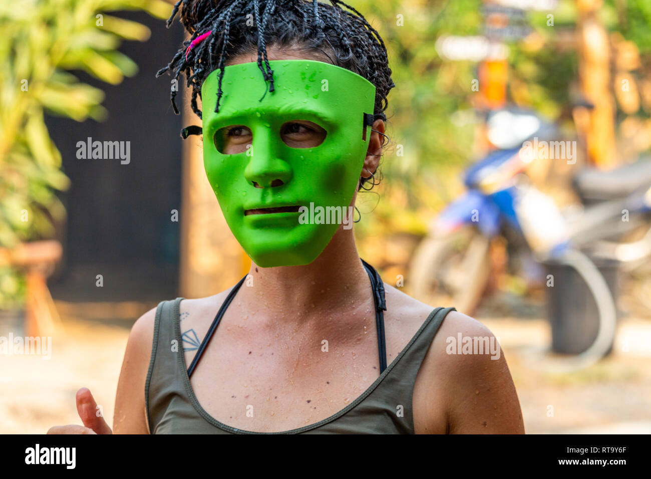 Vang Vieng, Laos - April 14, 2018: European female tourist wearing a ...