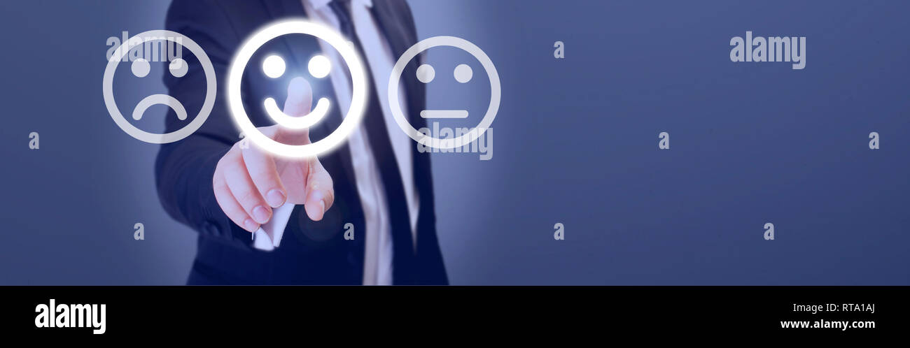 customer satisfaction survey.businessman touch smile icon Stock Photo ...