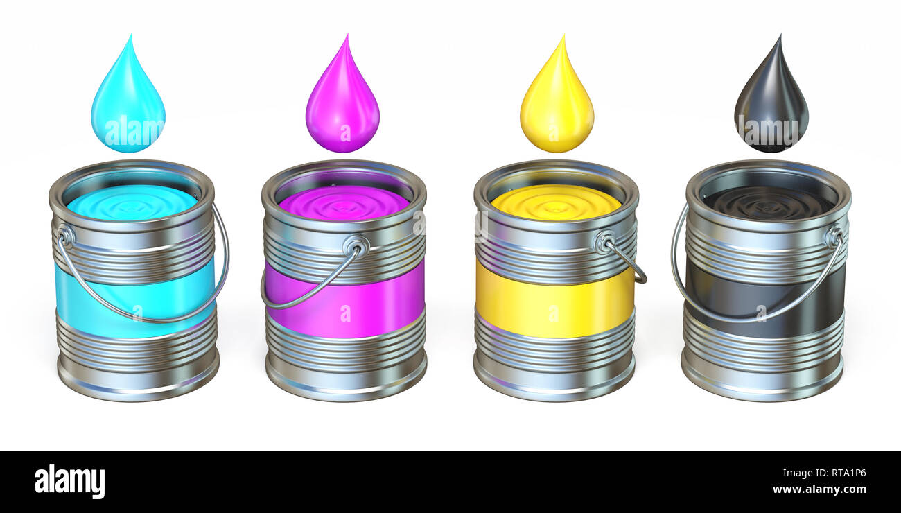CMYK metal tins with color drops 3D rendering illustration isolated on ...