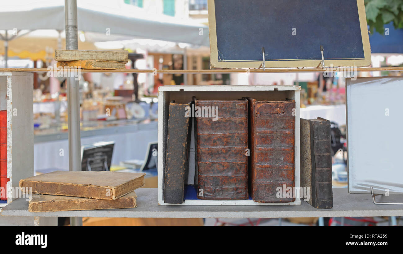 Rare Old Books in Wooden Bookcase at Cannes Antique Market Stock Photo ...