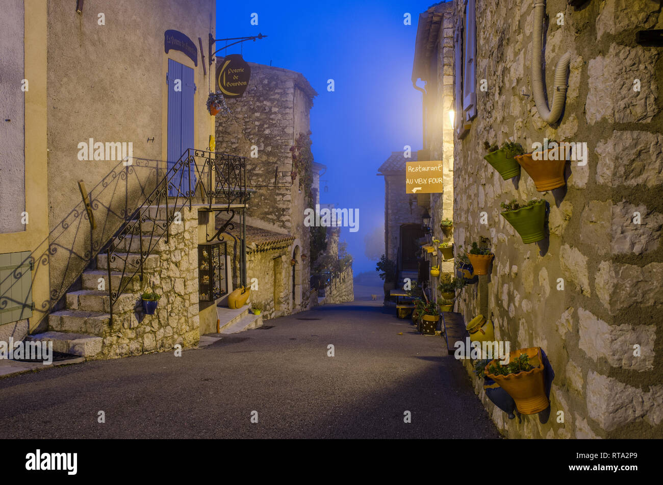 GOURDON FRANCE SEP 2018 a night view of a street in the medieval town ...