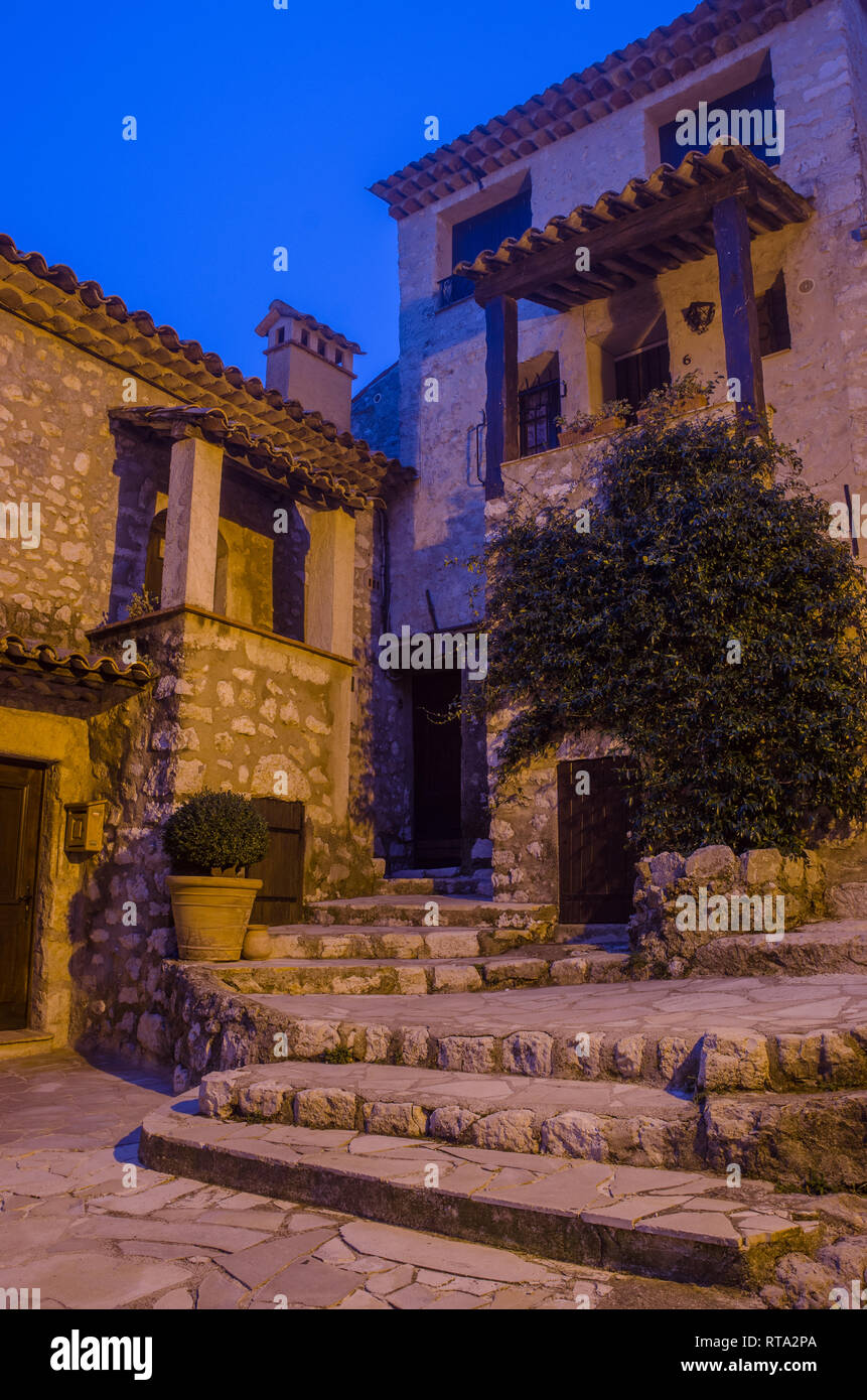 GOURDON FRANCE SEP 2018 a night view of a street in the medieval town ...