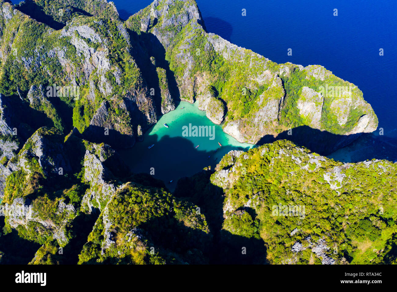 View from above, stunning aerial view of Koh Phi Phi Leh with the beautiful beach of Maya Bay ...