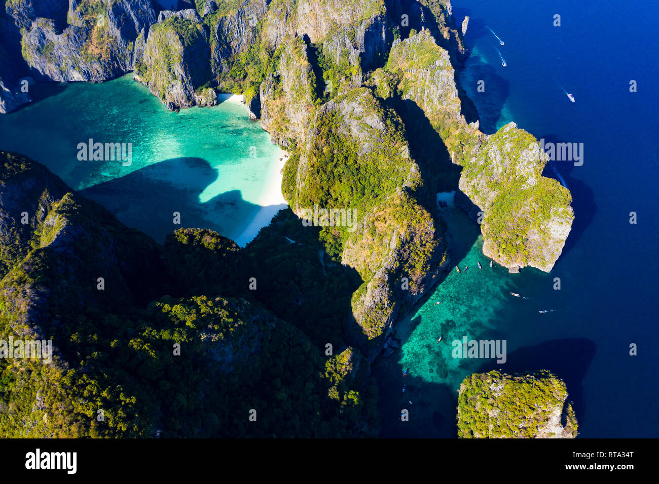 View from above, stunning aerial view of Koh Phi Phi Leh with the beautiful beach of Maya Bay ...
