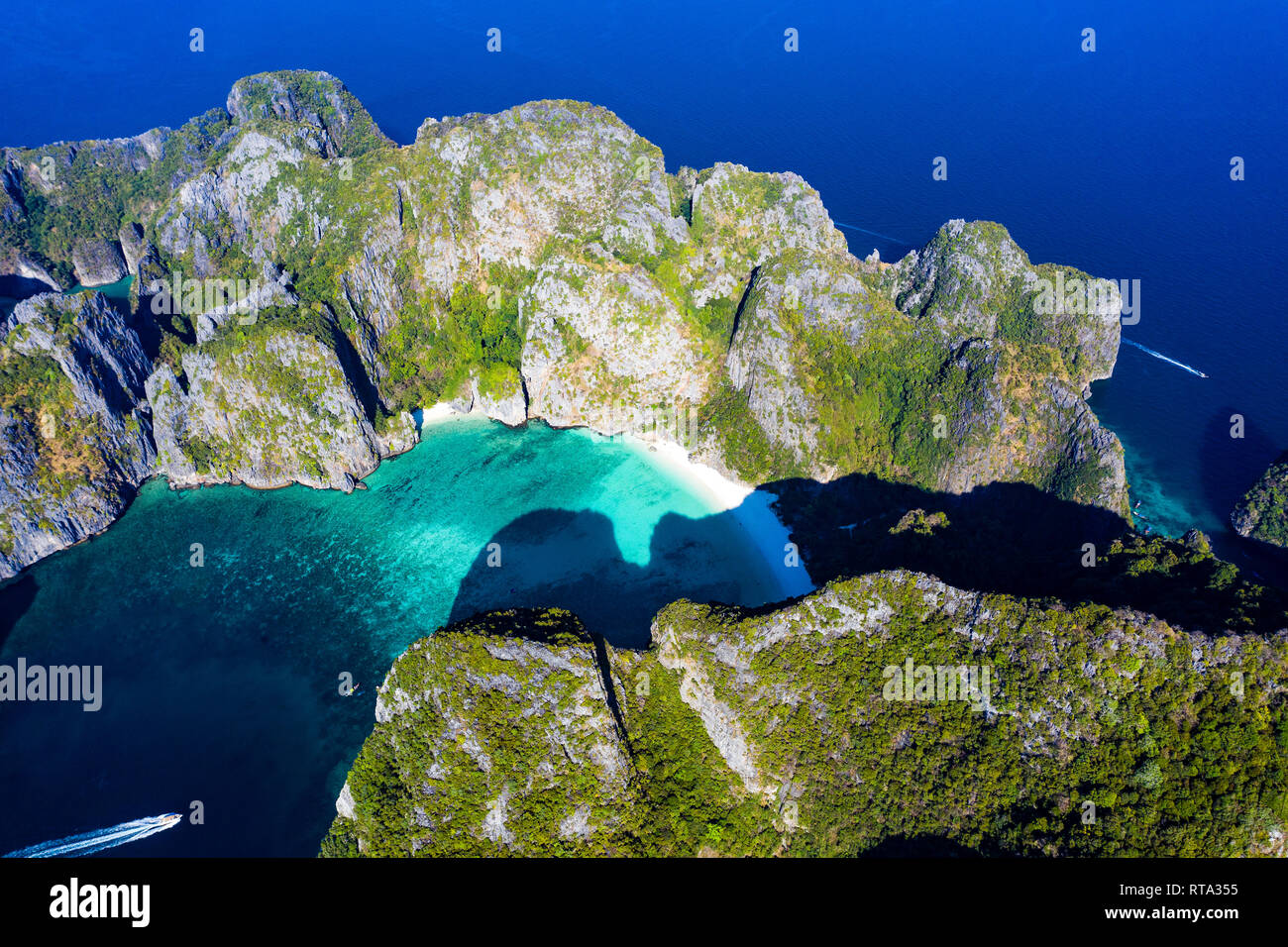 View from above, stunning aerial view of Koh Phi Phi Leh with the beautiful beach of Maya Bay ...
