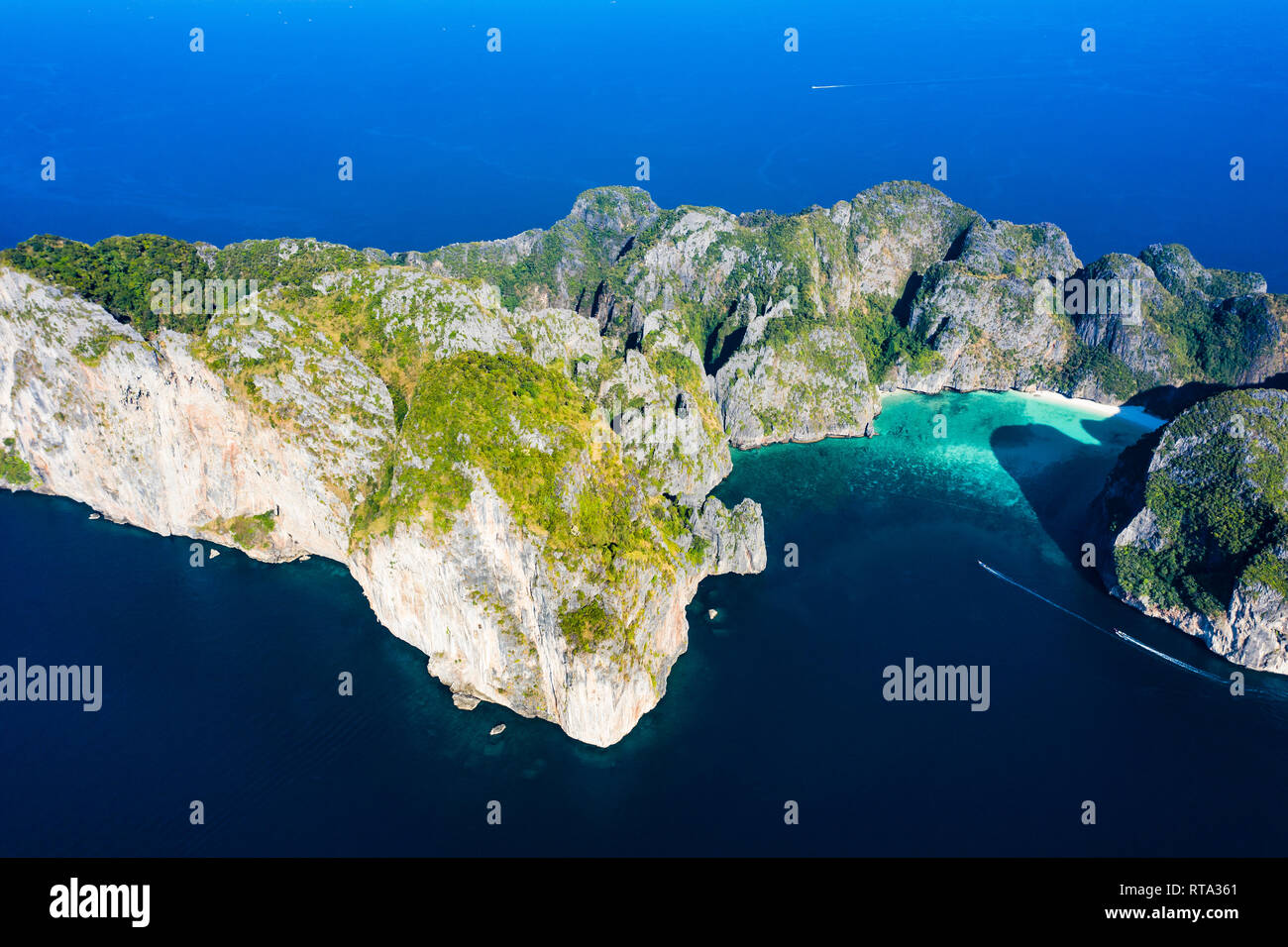 View from above, stunning aerial view of Koh Phi Phi Leh with the beautiful beach of Maya Bay ...