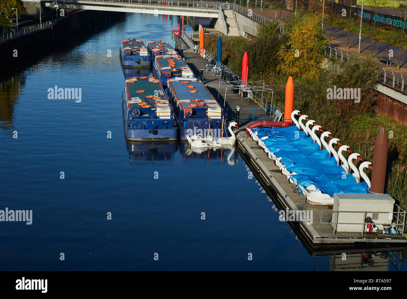 Lea river landscape with barges in the Lea Valley at the Queen ...