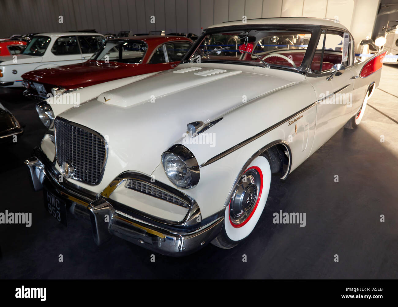 Three-quarter front-view of a 1958 Studebaker Golden Hawk, on display ...