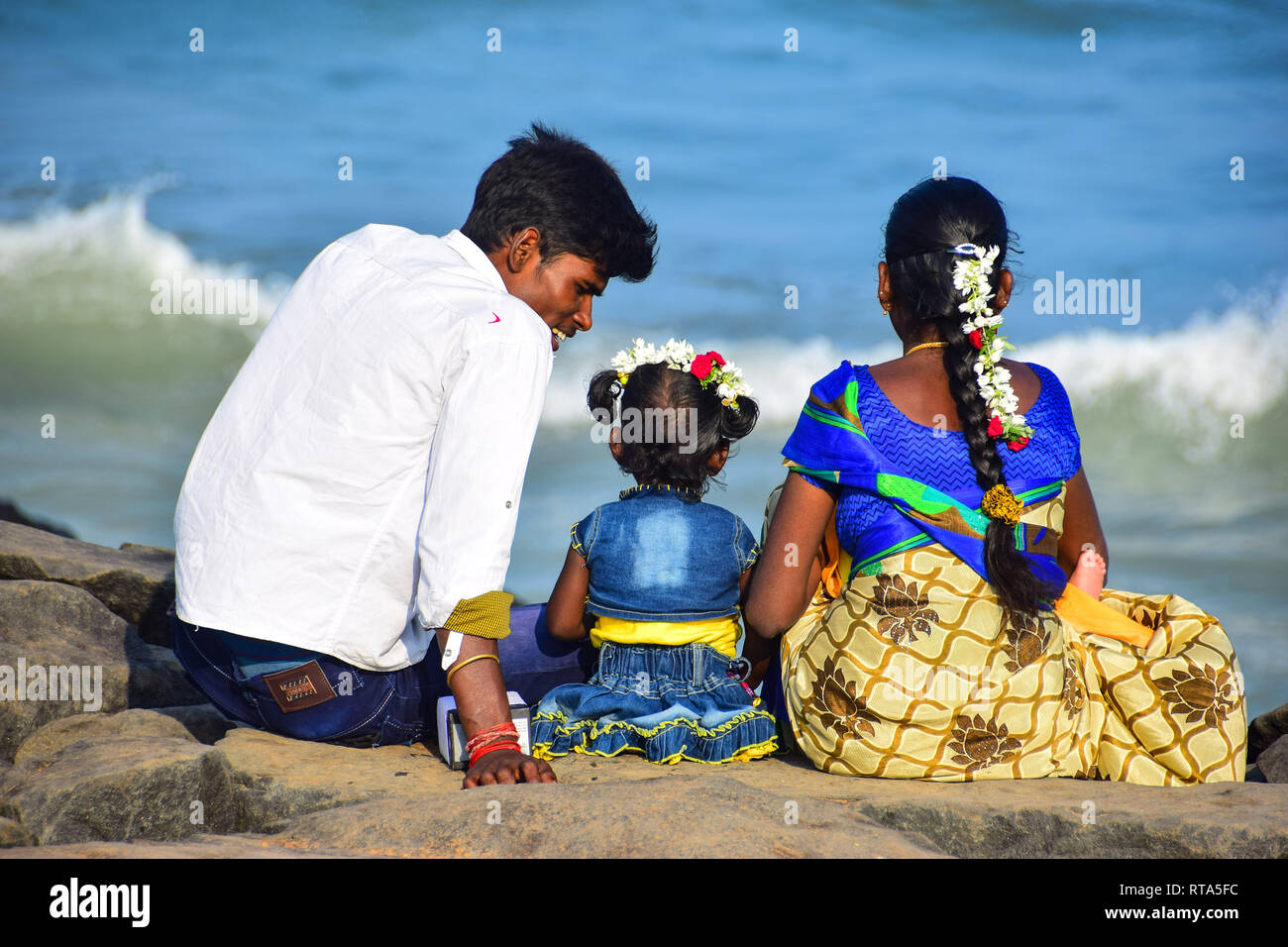 Mother, Father and Daughter, sea front promenade, Pondicherry ...