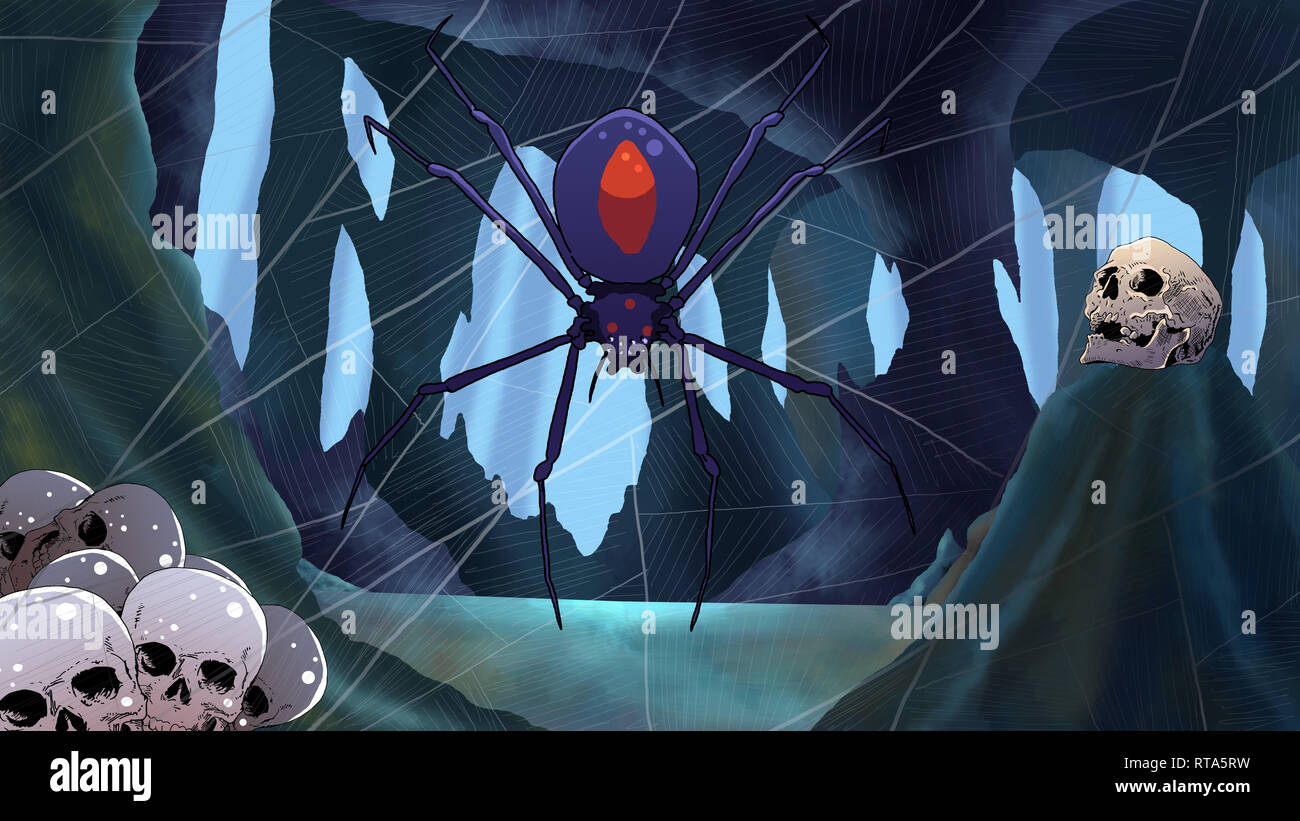 Spider web and skulls in scary cave Stock Photo - Alamy