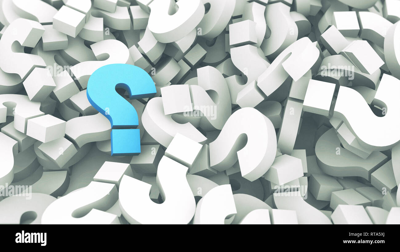 Blue question mark standing out in a pile a questions. 3d illustration ...