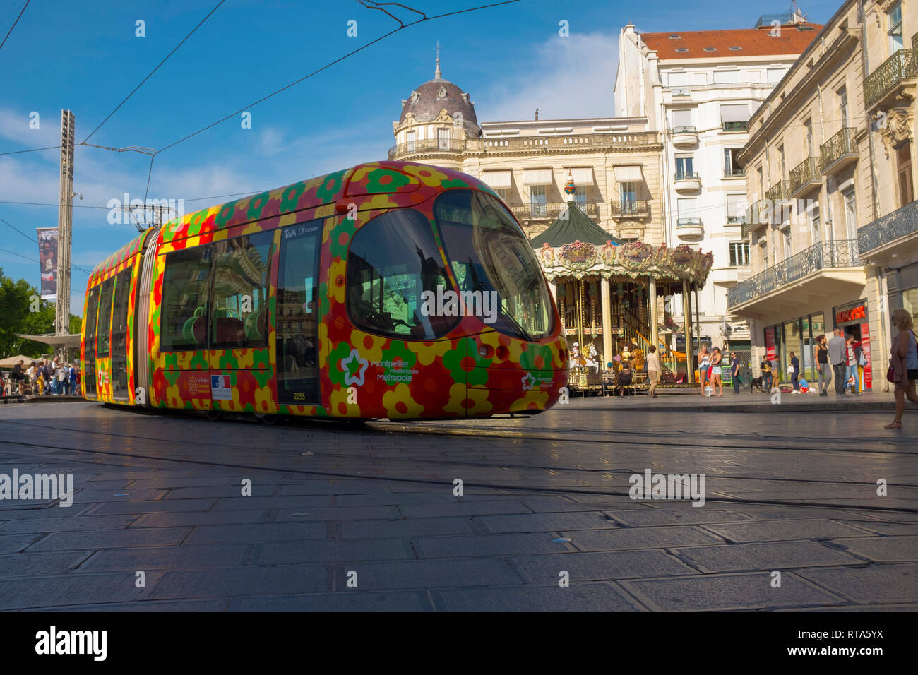Tram in Place de la Comedie, the main square Montpellier, France Stock ...