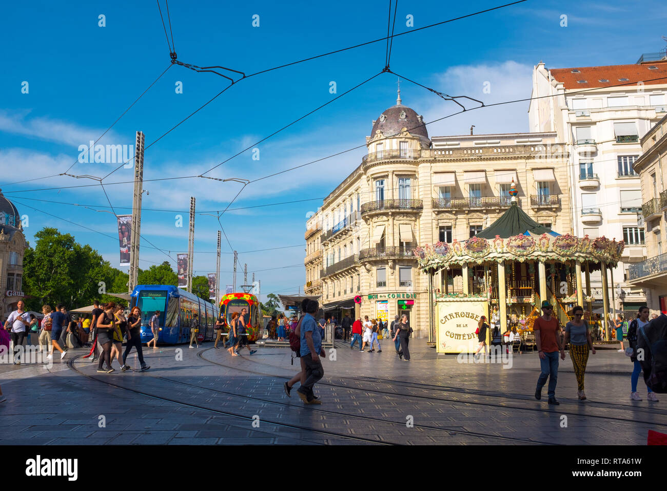 Tram in Place de la Comedie, the main square Montpellier, France Stock ...