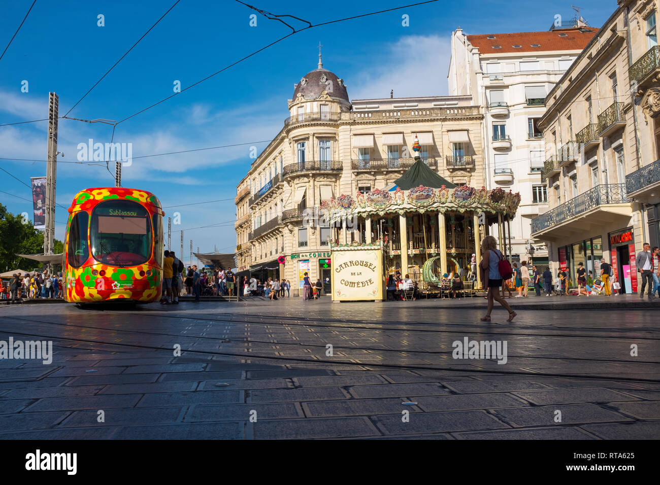 Tram in Place de la Comedie, the main square Montpellier, France Stock ...