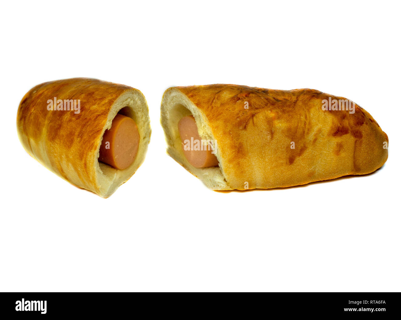 Sausage roll cut in half isolated on a white background Stock Photo - Alamy