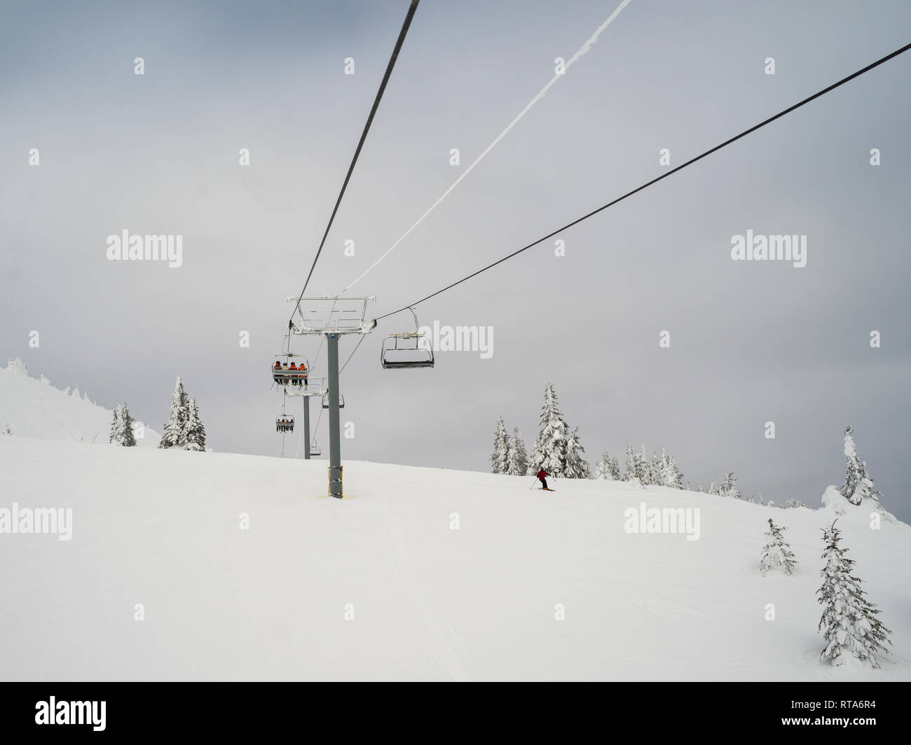Overhead cable cars over a hill, Sun Peaks Resort, Sun Peaks, British ...