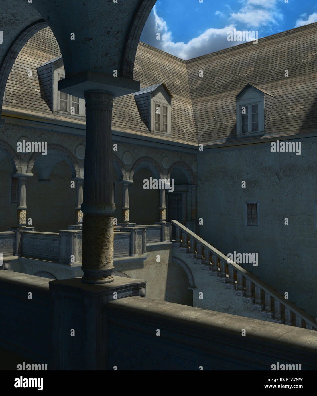 Beautiful realistic castle courtyard backdrop on a sunny day, 3d render ...